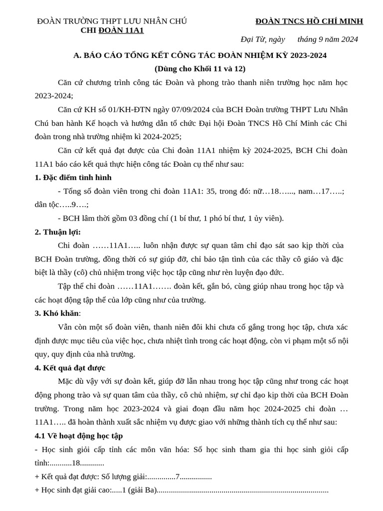 Báo Cáo Và Phương Hư NG C A Chi Đoàn HS (k11) | PDF