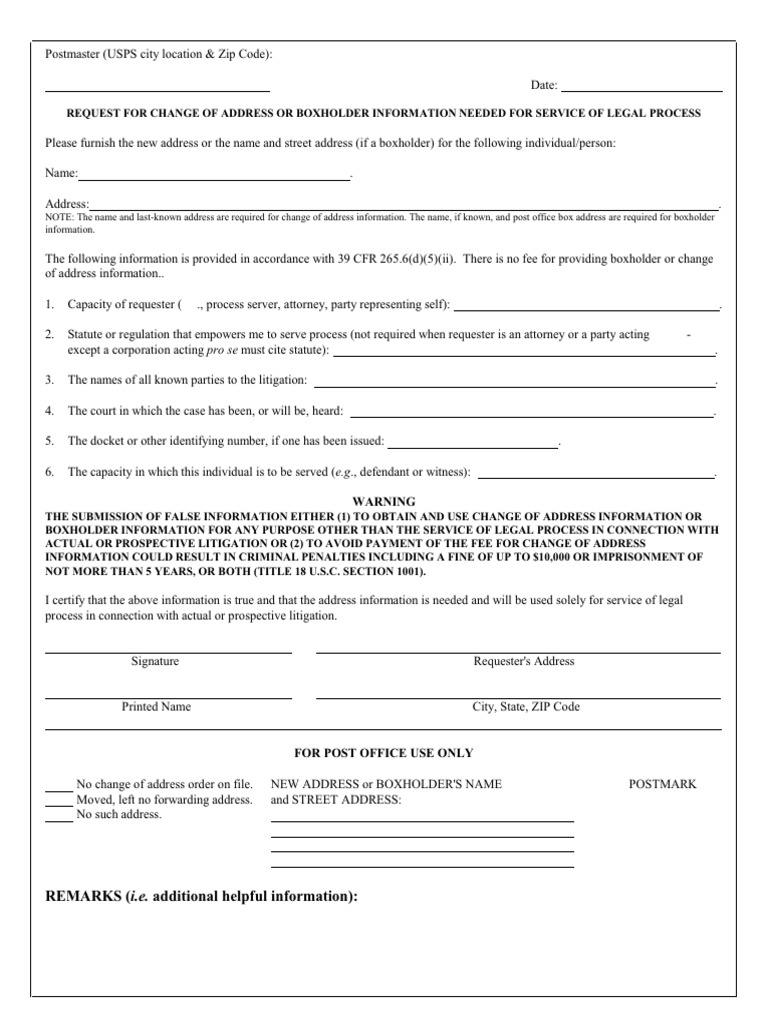 Change of Address Form To Postmaster 1 | PDF | Pro Se Legal ...