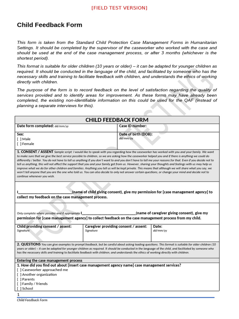 Child Feedback Form for Case Management | PDF | Behavioural Sciences