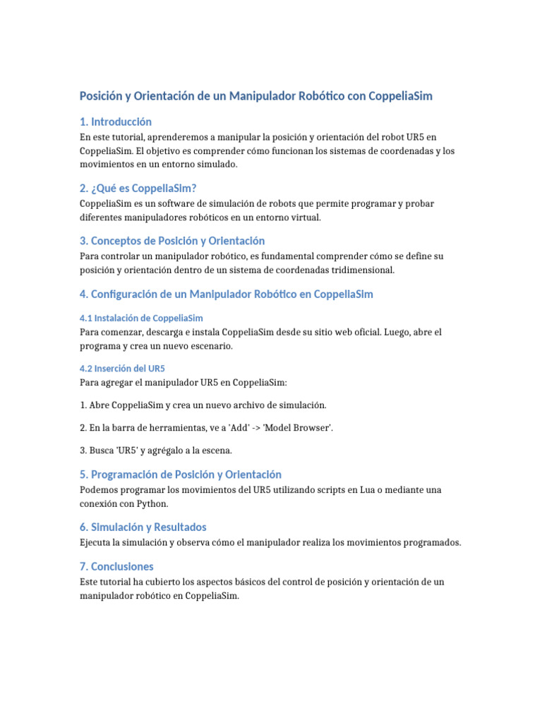 Tutorial UR5 CoppeliaSim | PDF