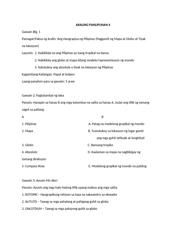 Matatag Worksheets q1 w1 | PDF