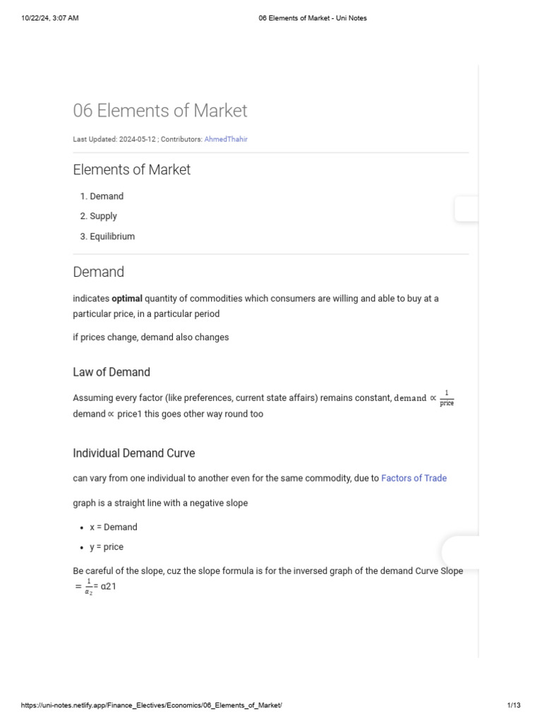 06 Elements of Market - Uni Notes | PDF | Demand | Supply (Economics)