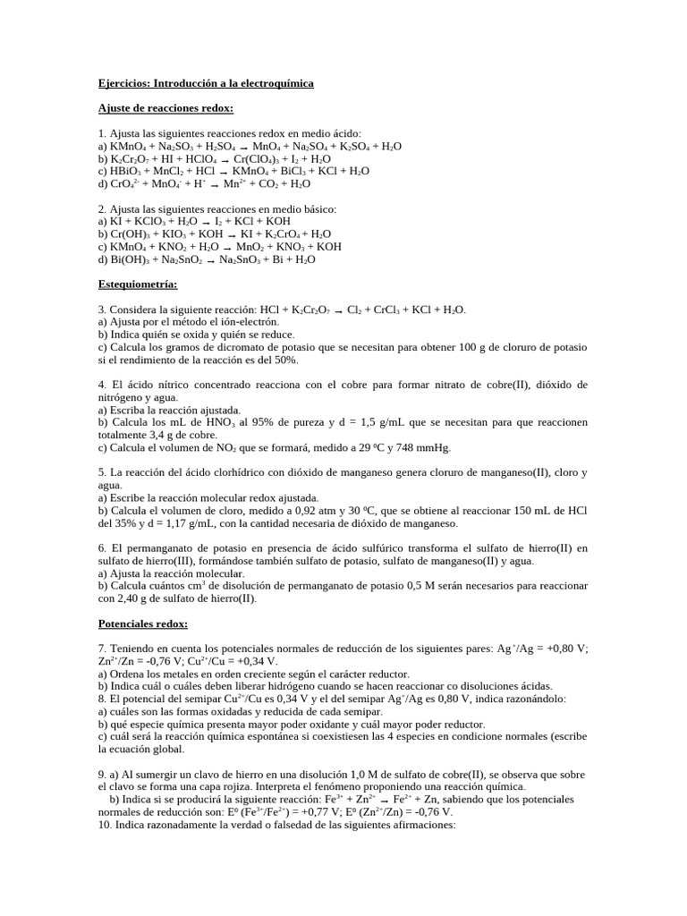 Ejercicios Electroquímica | PDF | Redox | Cobre