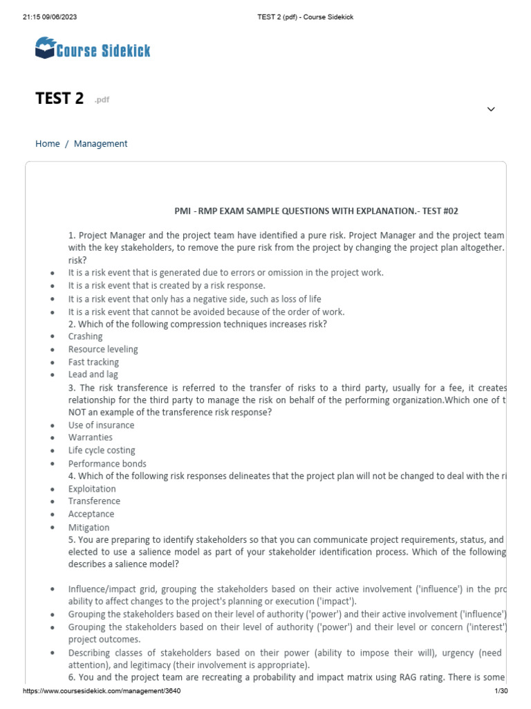 TEST 2 (PDF) - Course Sidekick | PDF | Risk | Risk Management