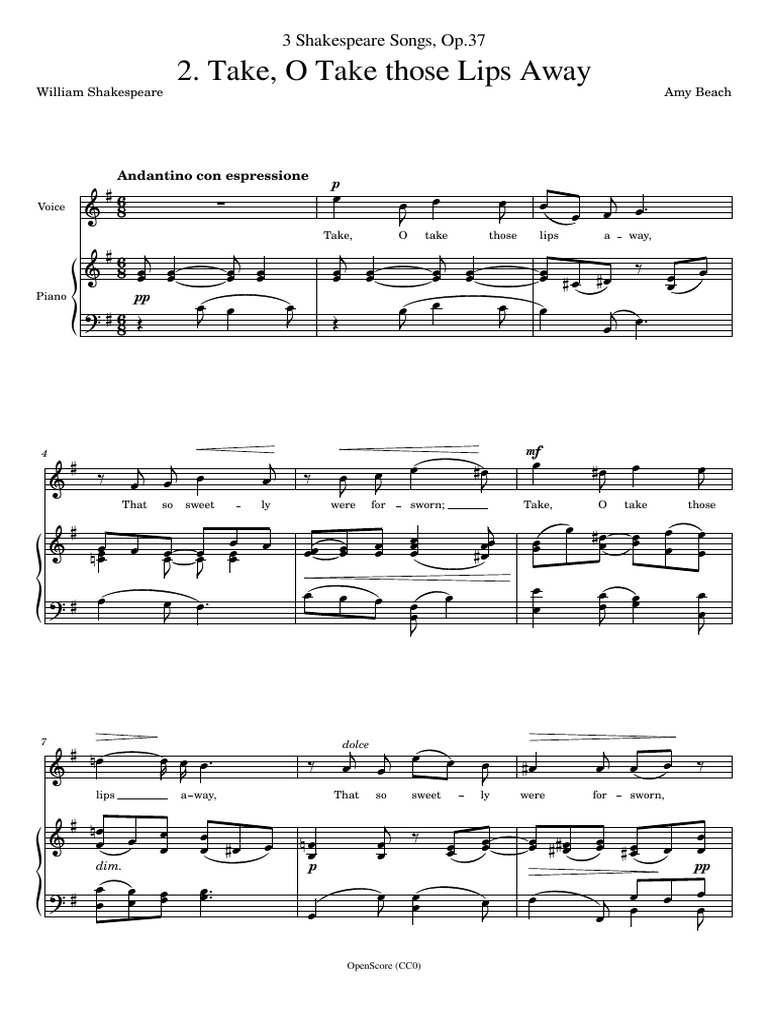Beach Amy 3 Shakespeare Songs Op.37 No.2 Take O Take Those Lips Away | PDF | Musical ...