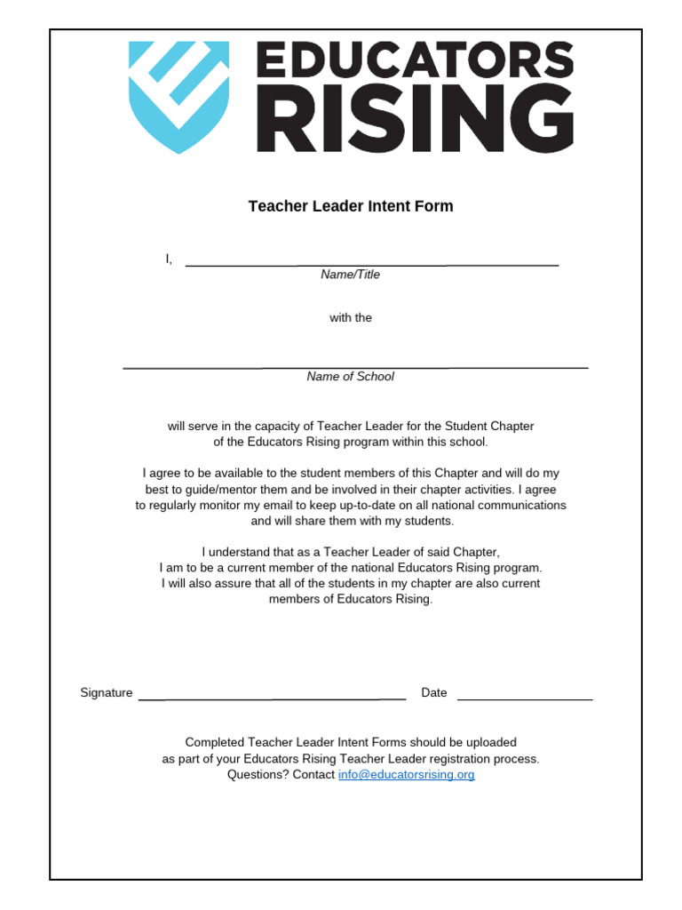 Teacher Leader Intent Form: Name/Title | PDF