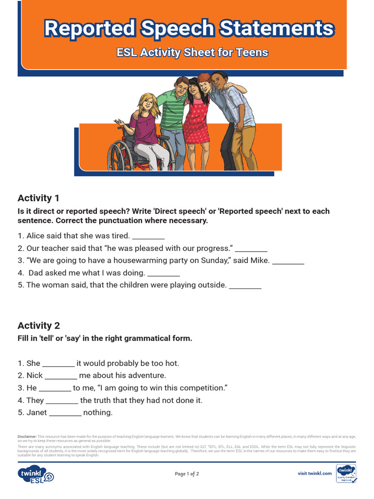 T 1726814376 Esl Reported Speech Activity Sheet Teens b1 - Ver - 5 ...