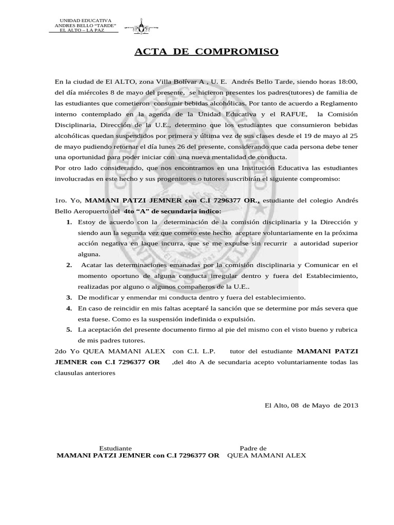 ACTA DE COMPROMISO CON SANCION 2013 bebedores jemner | PDF | Regulación ...