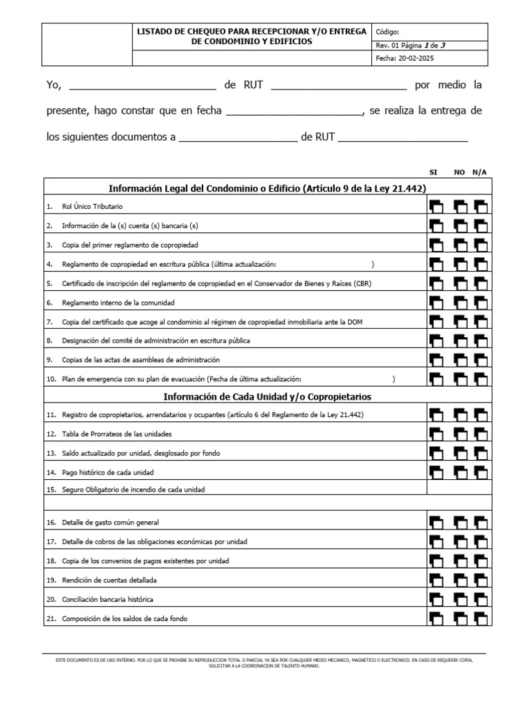 Listado de Chequeo para Recepcionar Y-O Entregar Un Condominio e Edificio | PDF | Condominio