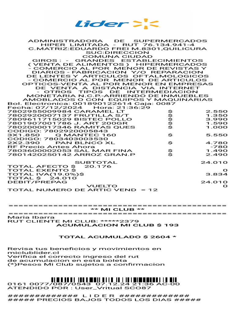 Boleta de compra en Supermercado Líder | PDF