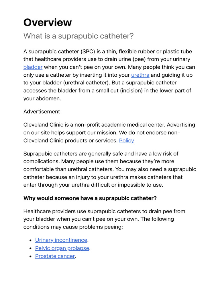 Suprapubic Catheter - Changing, Flushing & Recovery | PDF | Urination | Urinary Incontinence