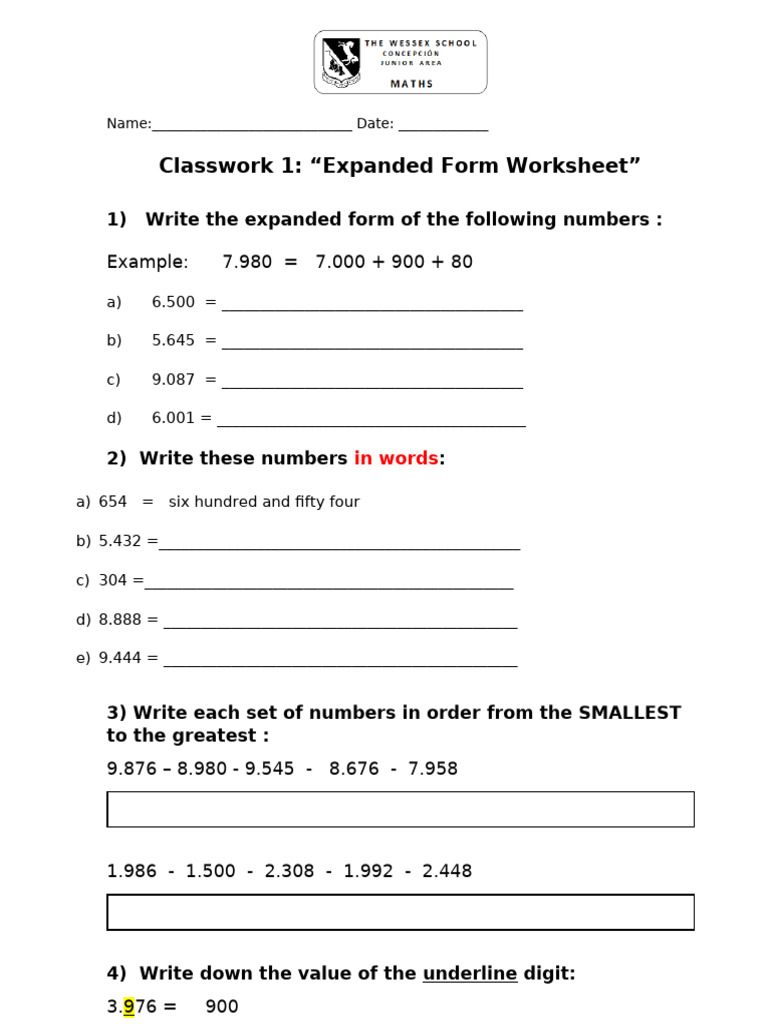 Expanded Form - Classwork 1 | PDF