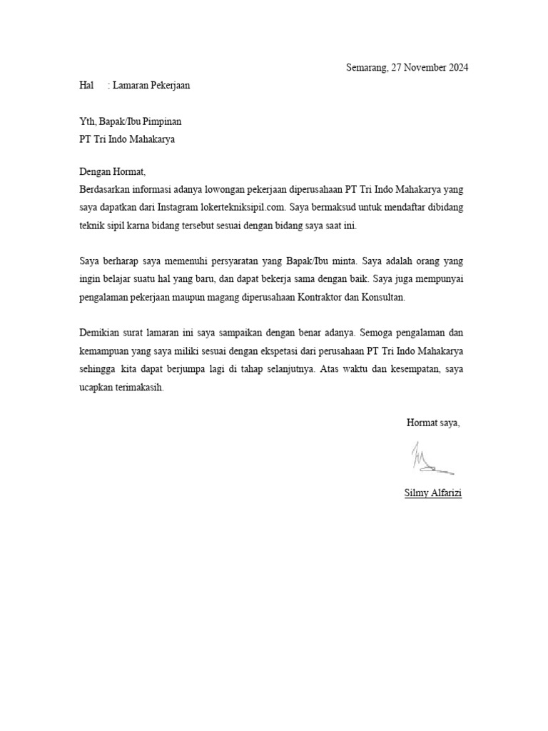 Surat Lamaran Perusahaan PT Tri Indo Mahakarya | PDF