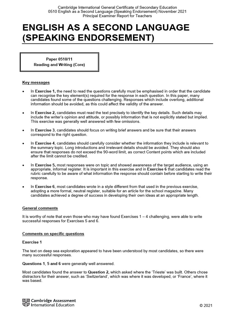 English As A Second Language (Speaking Endorsement) : Paper 0510/11 Reading and Writing (Core ...