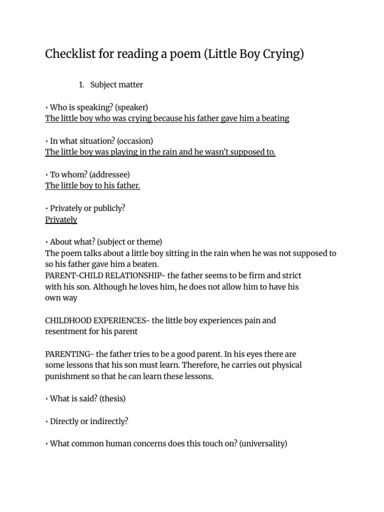 Checklist For Reading A Poem (Little Boy Crying) | PDF | Poetry