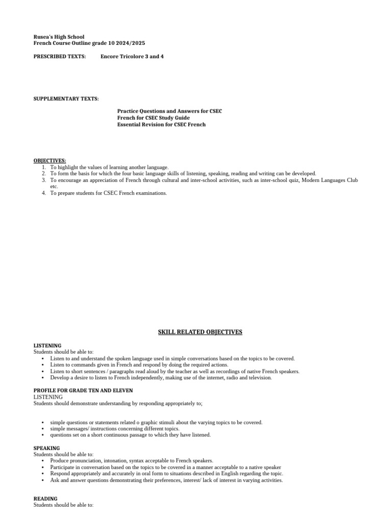 Grade Ten French Course Outline 2025 | PDF | Grammatical Tense | Question