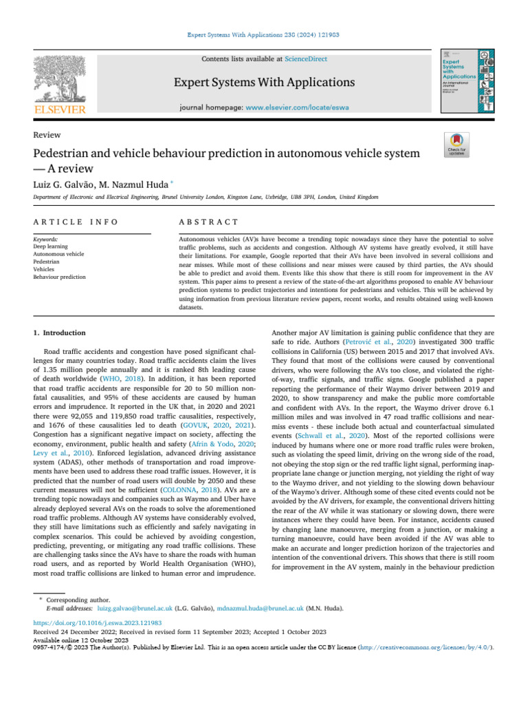 Pedestrian And Vehicle Behaviour Prediction In Autonomous Vehicle System — A Review Pdf