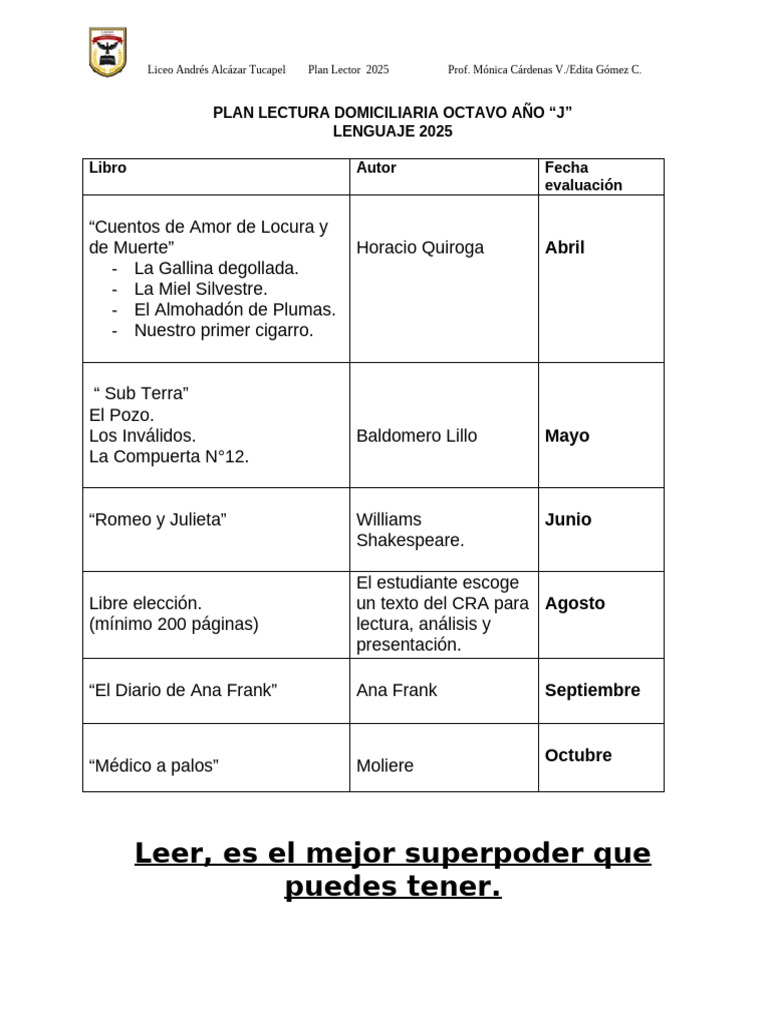 LECTURAS COMPLEMENTARIAS OCTAVO 2025 | PDF