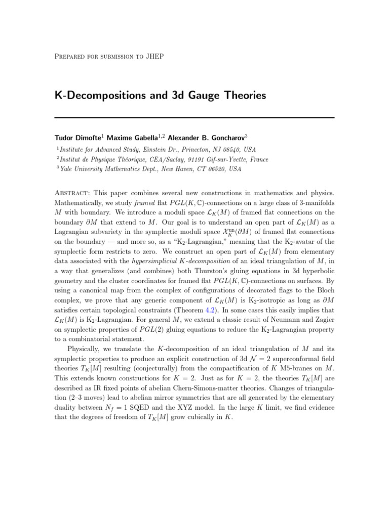 K-Decompositions and 3d Gauge Theories: Tudor Dimofte Maxime Gabella ...