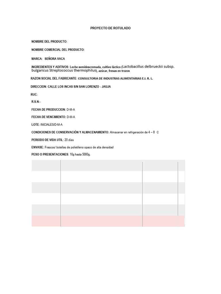 (Req-7) PROYECTO DE ROTULADO - YOGURT FRUTADO DE FRESA - SENORA VACA | PDF