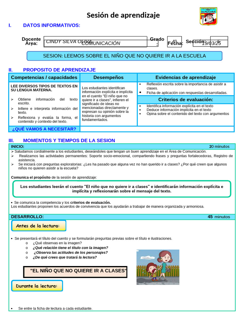 Comunicación Leemos Sobre El Niño Que No Quiere Ir A La Escuela | PDF ...
