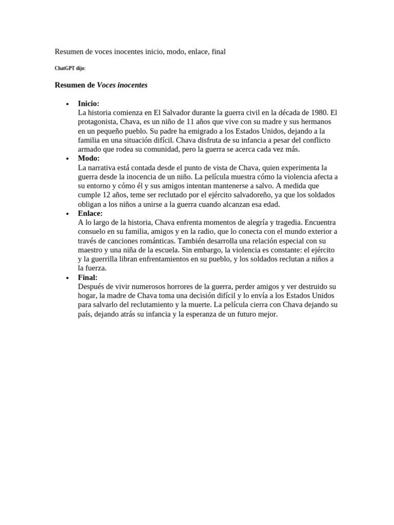 Resumen de Voces Inocentes | PDF