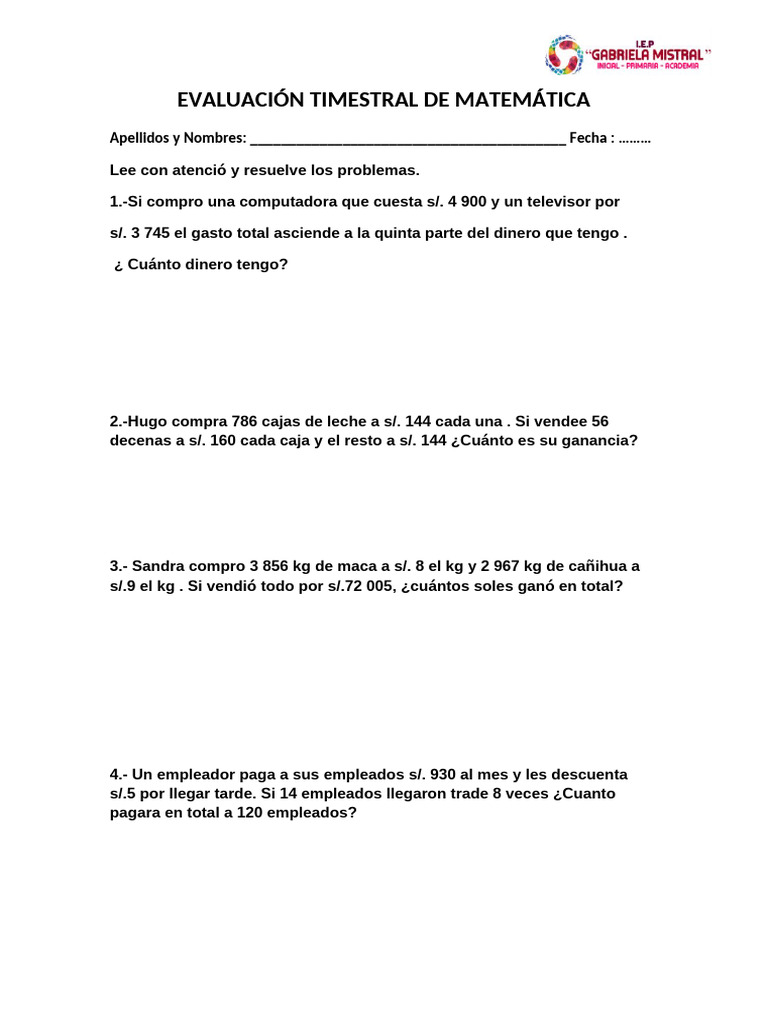 Evaluación Mensual de Matemática | PDF