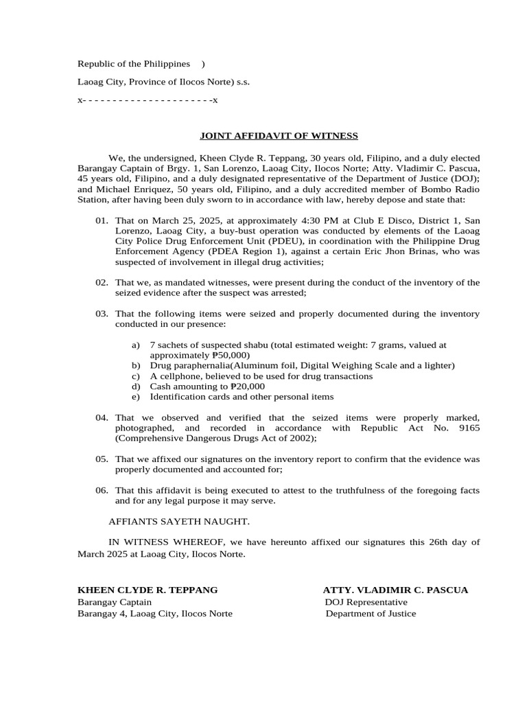 Joint Affidavit of Witnesses | PDF | Affidavit