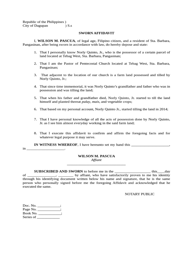 Affidavit of Land Possession | PDF | Affidavit | Legal Procedure