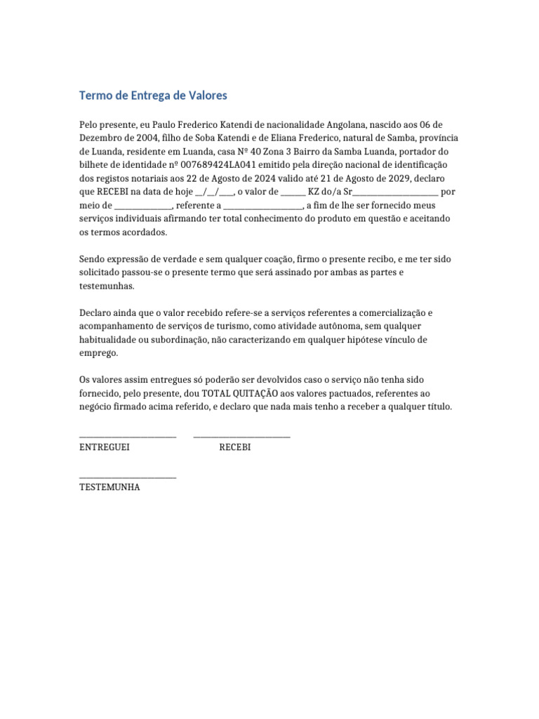Termo de Entrega de Valores | PDF
