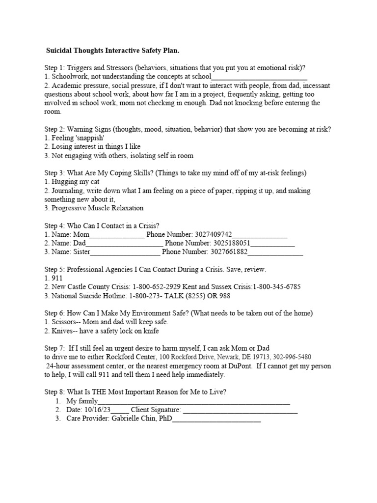 Suicidal Thoughts Interactive Safety Plan Tori | PDF
