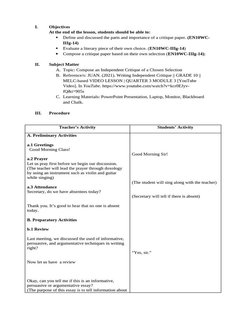 LESSON PLAN Writing Independent Critique | PDF | Essays | Argument