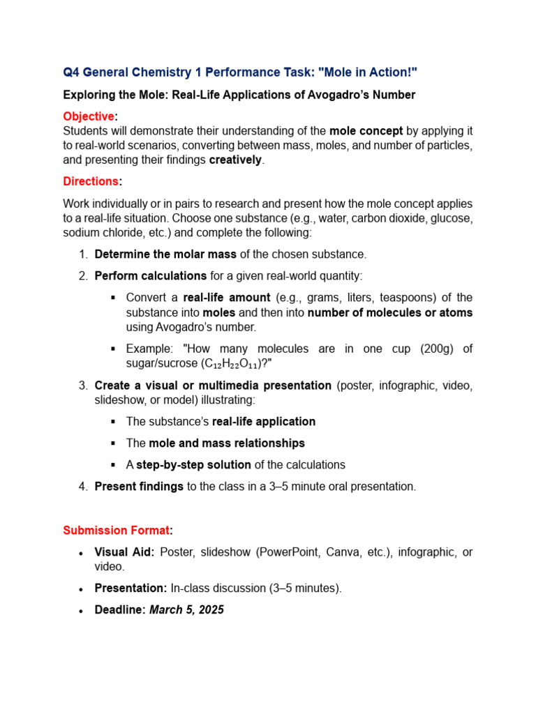 Q4 General Chemistry 1 Performance Task Mole in Action | PDF | Mole (Unit) | Chemistry