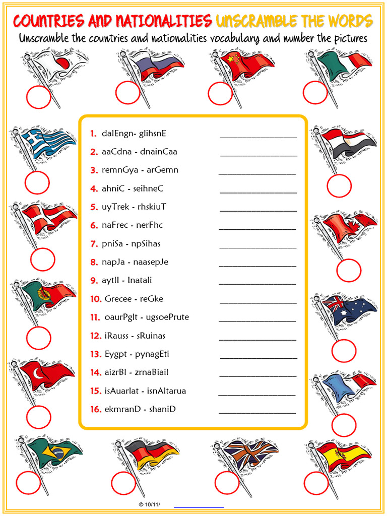 Countries and Nationalities Vocabulary Esl Unscramble The Words ...