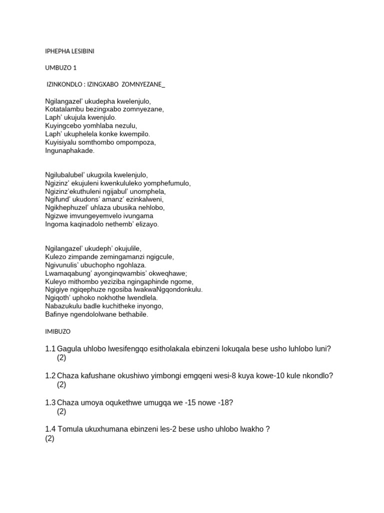 Iphepha Lesibini 2024 Izinkondlo | PDF