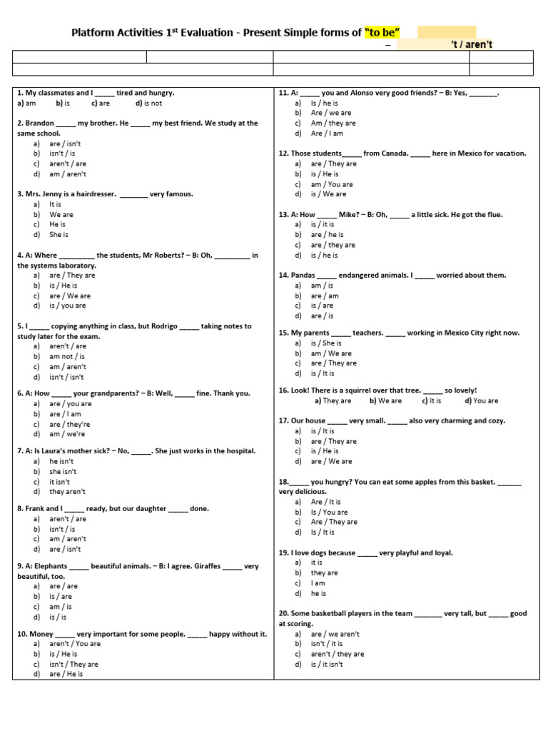 1st - Online Quiz - PRESENT SIMPLE FORMS OF VERB TO BE | PDF