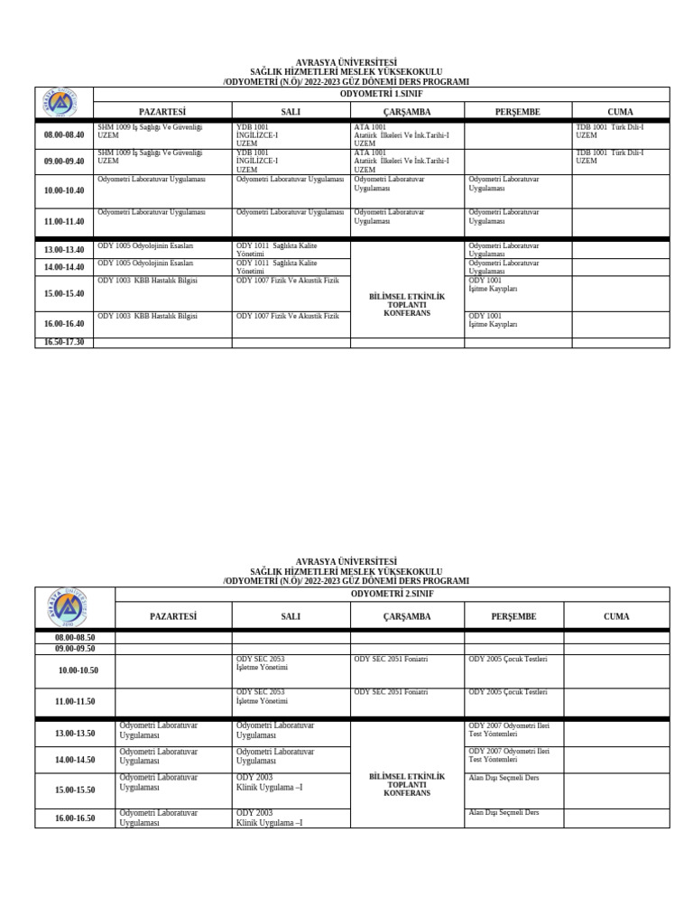 Odyometri Programi 2022 2023 Guz Ders Programi | PDF