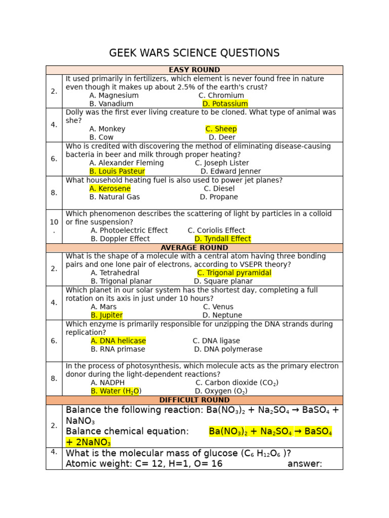 Geek Wars Science Quiz Questions | PDF | Cell Nucleus | Cell (Biology)