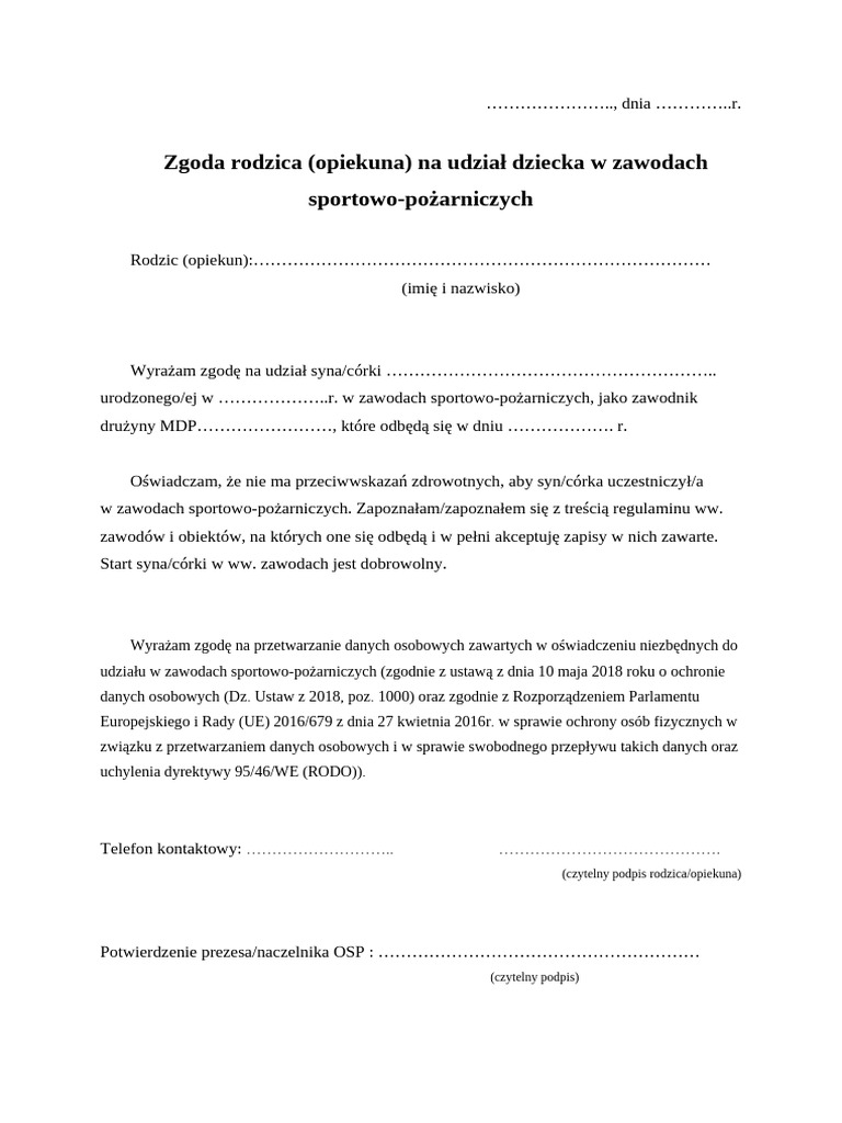 Zgoda Na Udział W Zawodach Sportowo-Pożarniczych MDP | PDF
