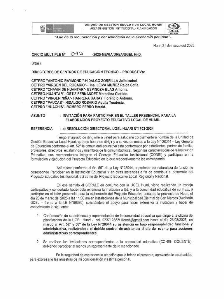 Oficio Multiple 043 - 2025 Cetpro | PDF