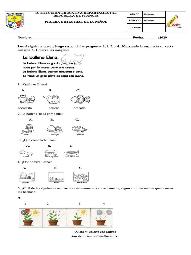 Prueba Bimestral de Español 1° Grado | PDF