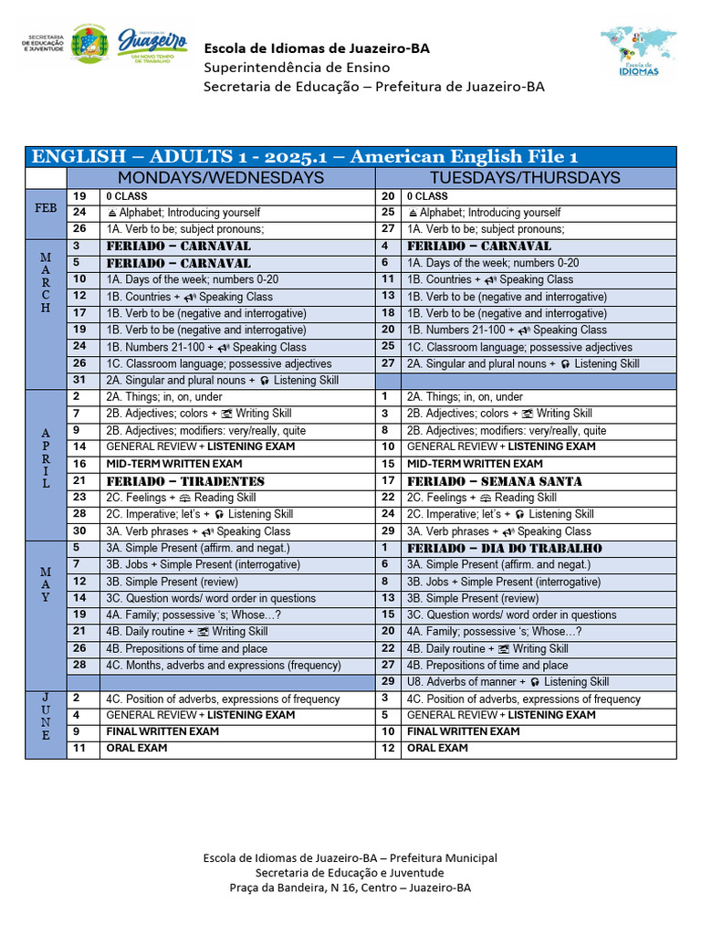 English Course Schedule for Adults 2025 | PDF | Adjective | Plural