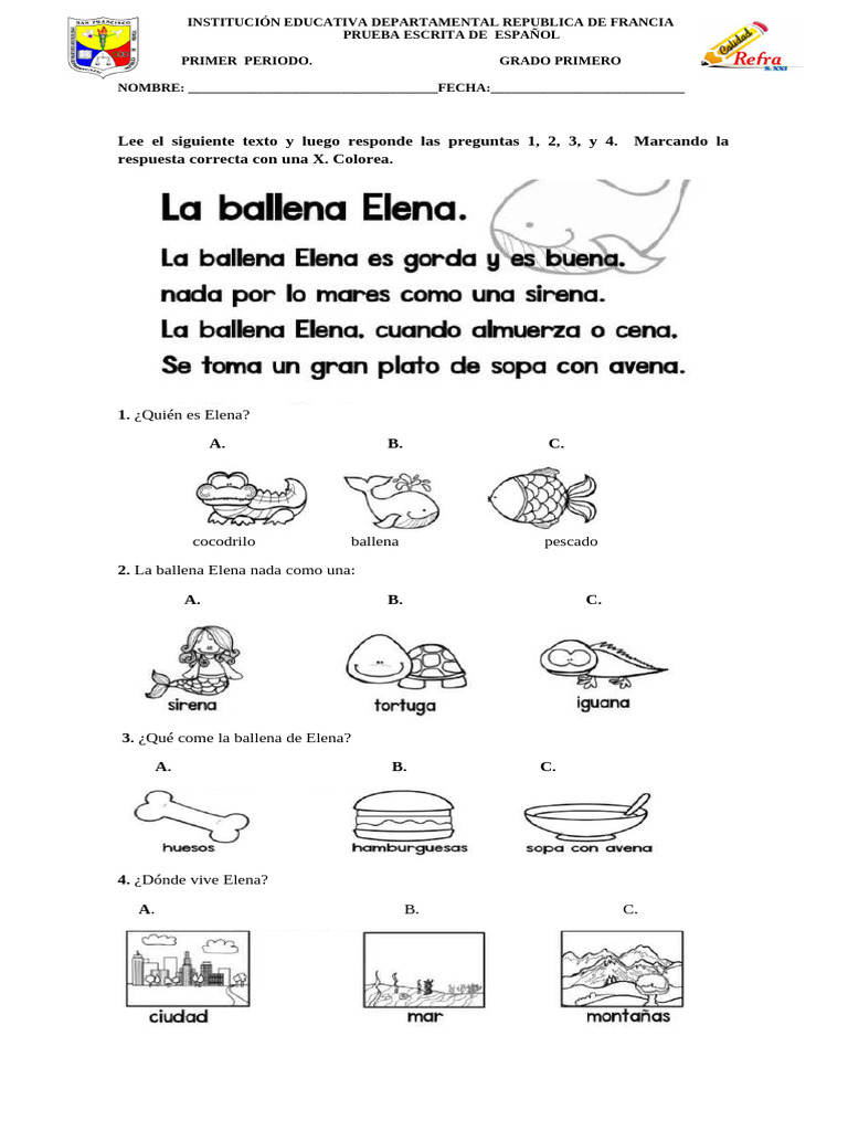 2020 Evaluación de Español Primer Periodo Grado 1 | PDF