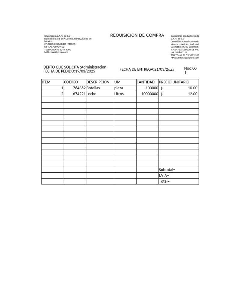 Requisicion de Compras Alpura | PDF