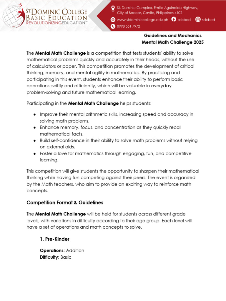 Mental Math Challenge 2025 Guidelines | PDF | Mathematics | Multiplication