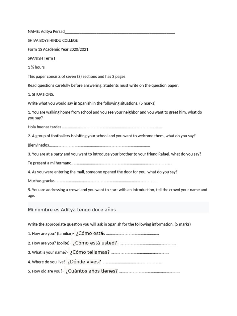 Spanish Language Term I Exam Guide | PDF