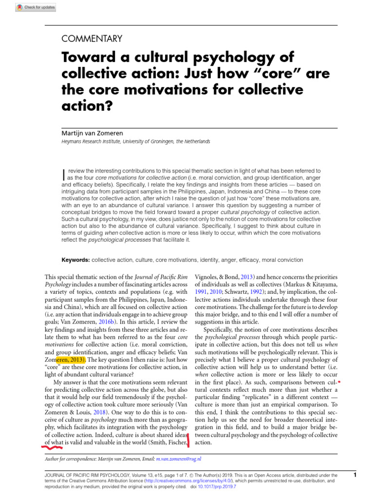 Toward a cultural psychology of collective action: Just how “core” are the core motivations for ...