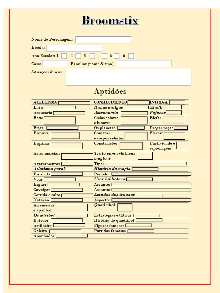 Personagem e Aptidões em Broomstix RPG | PDF