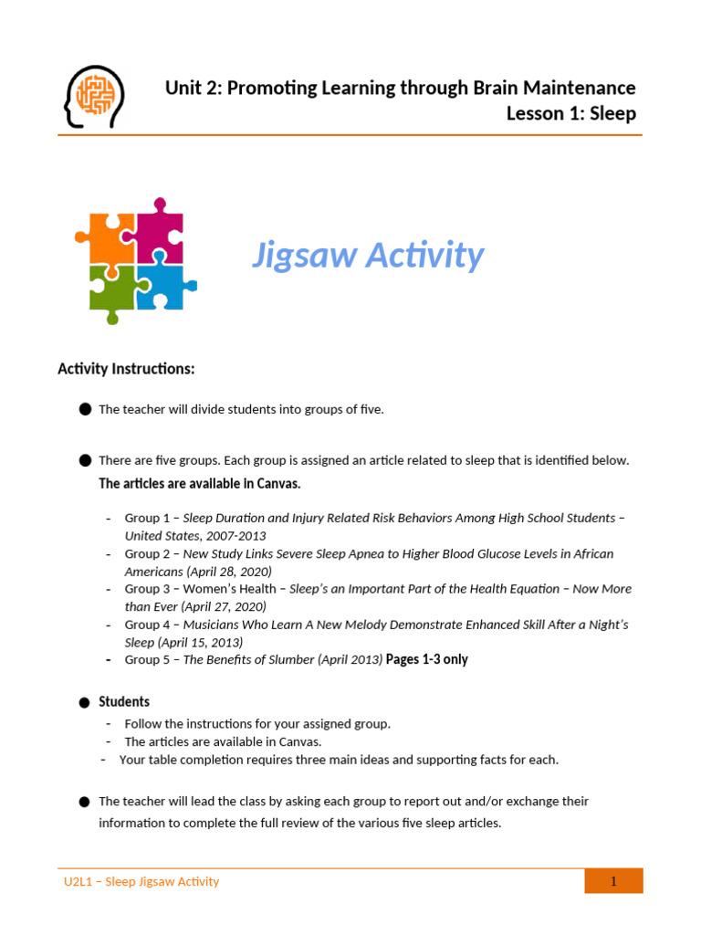 U2L1 Sleep Jigsaw Activity Worksheet | PDF | Sleep | Insomnia