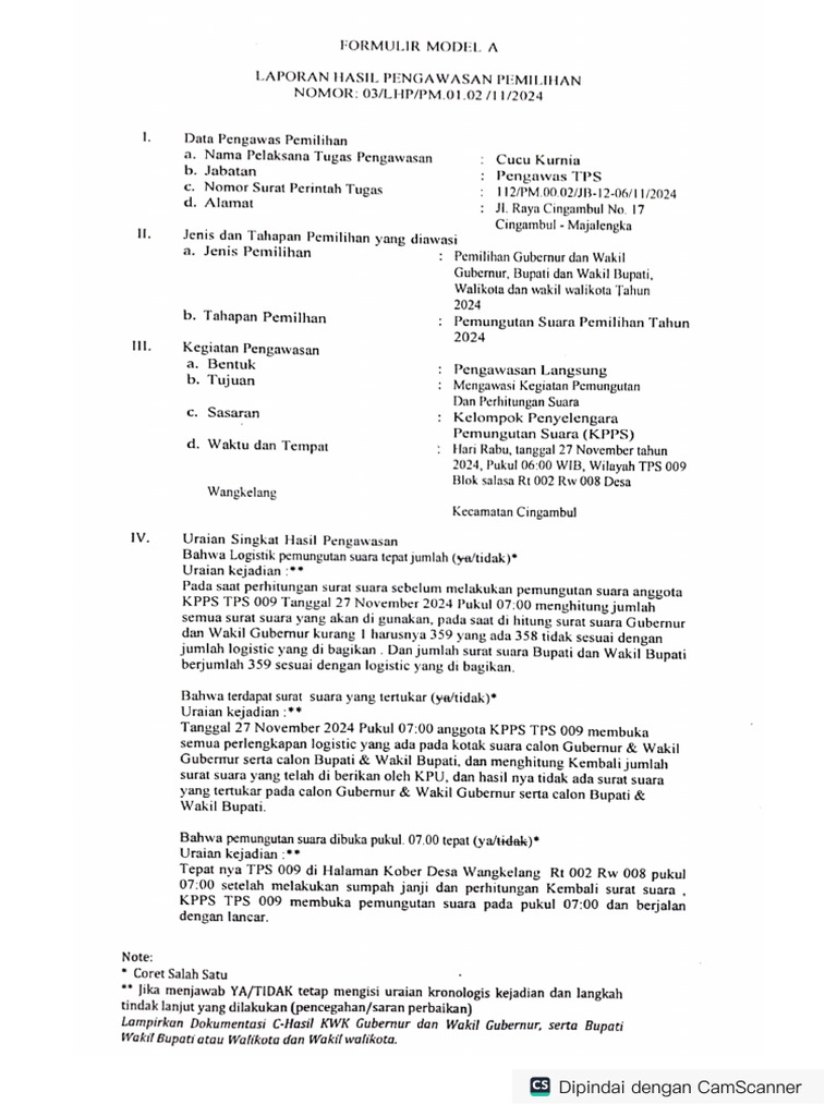 LHP Pemungutan Dan Perhitungan Suara TPS 009 | PDF